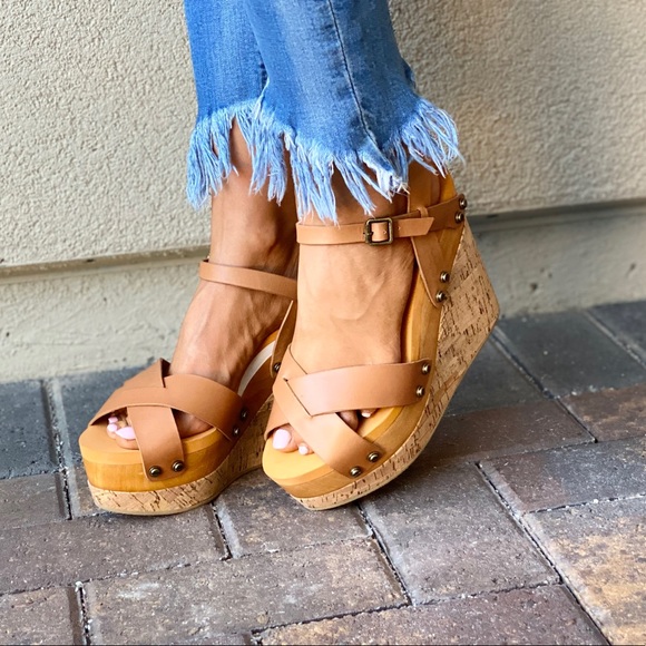 Flogg | Shoes | Flogg Cognac Genuine Leather Cork Platform Wedge | Poshmark